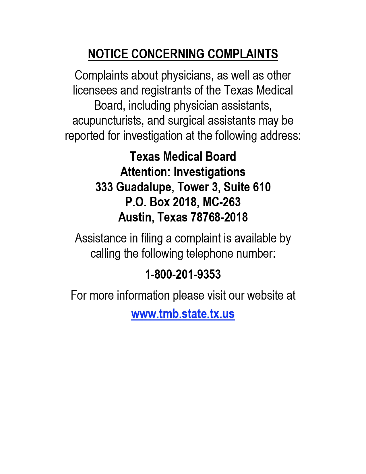 NOTICE CONCERNING COMPLAINTS - North Houston Cancer Clinics